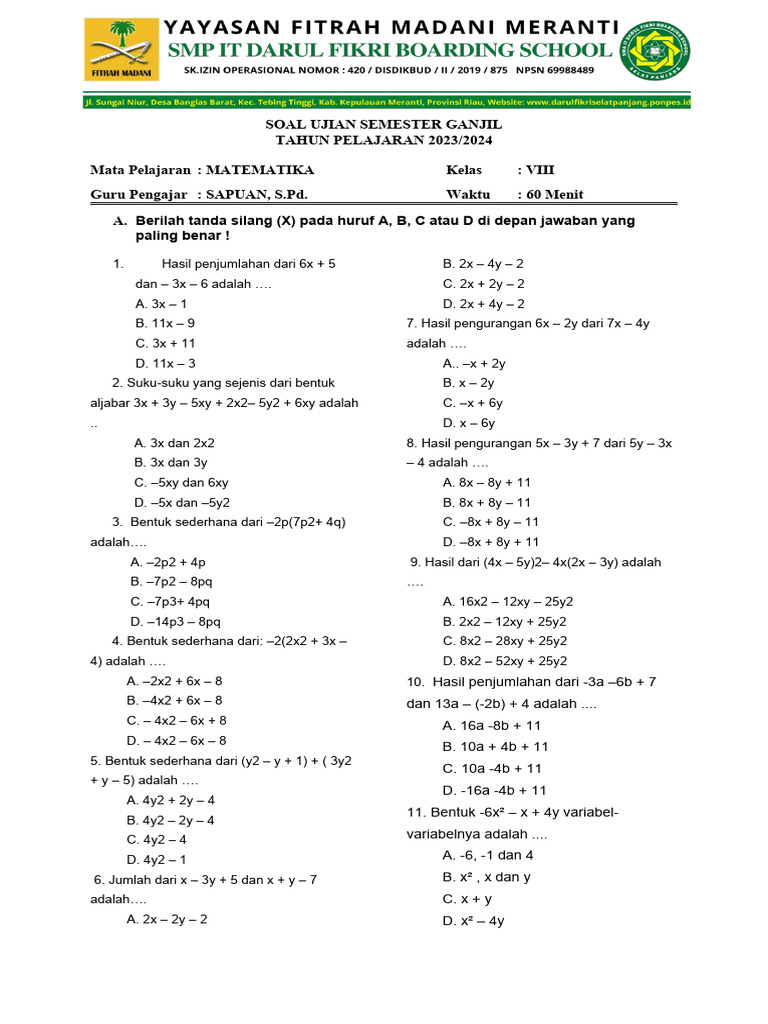 Soal Ujian MTK Kelas 8 SMP | PDF
