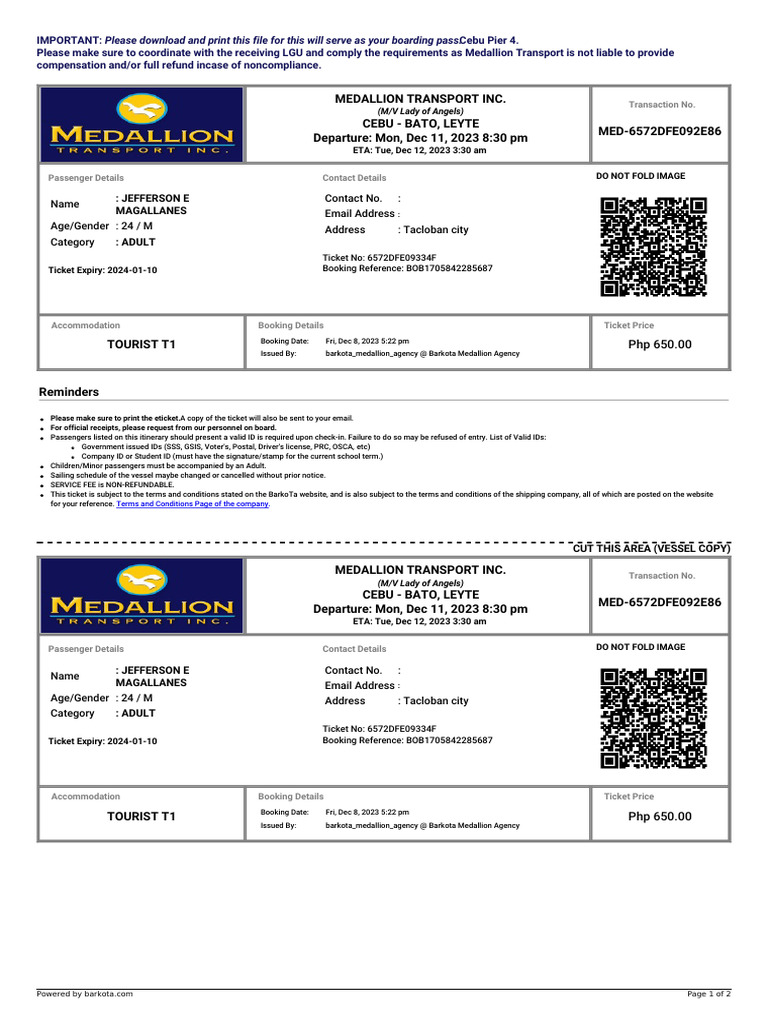 Cebu-Bato Ferry Ticket Details | PDF