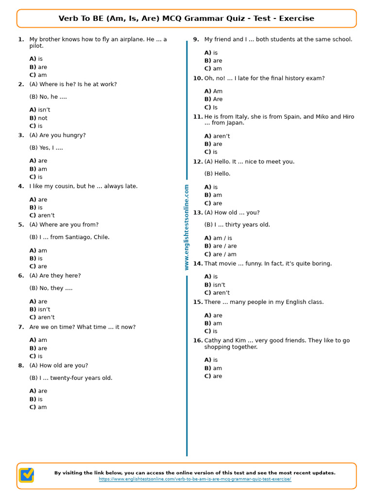 Verb To Be MCQ Grammar Quiz | PDF | Linguistics