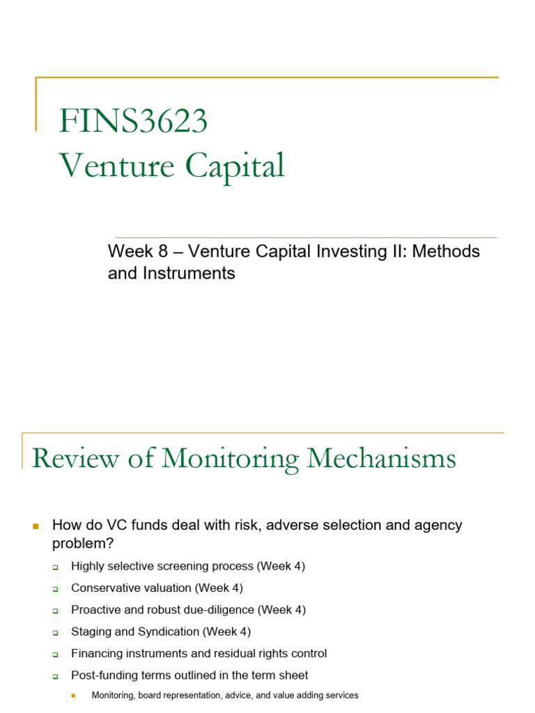 Week 8 Lecture FINS3623 | PDF | Stocks | Venture Capital