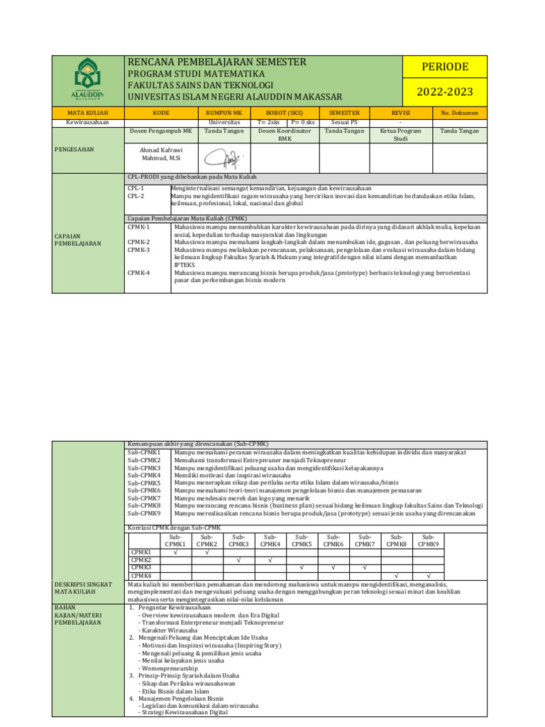 RPS Kewirausahaan Math FST | PDF