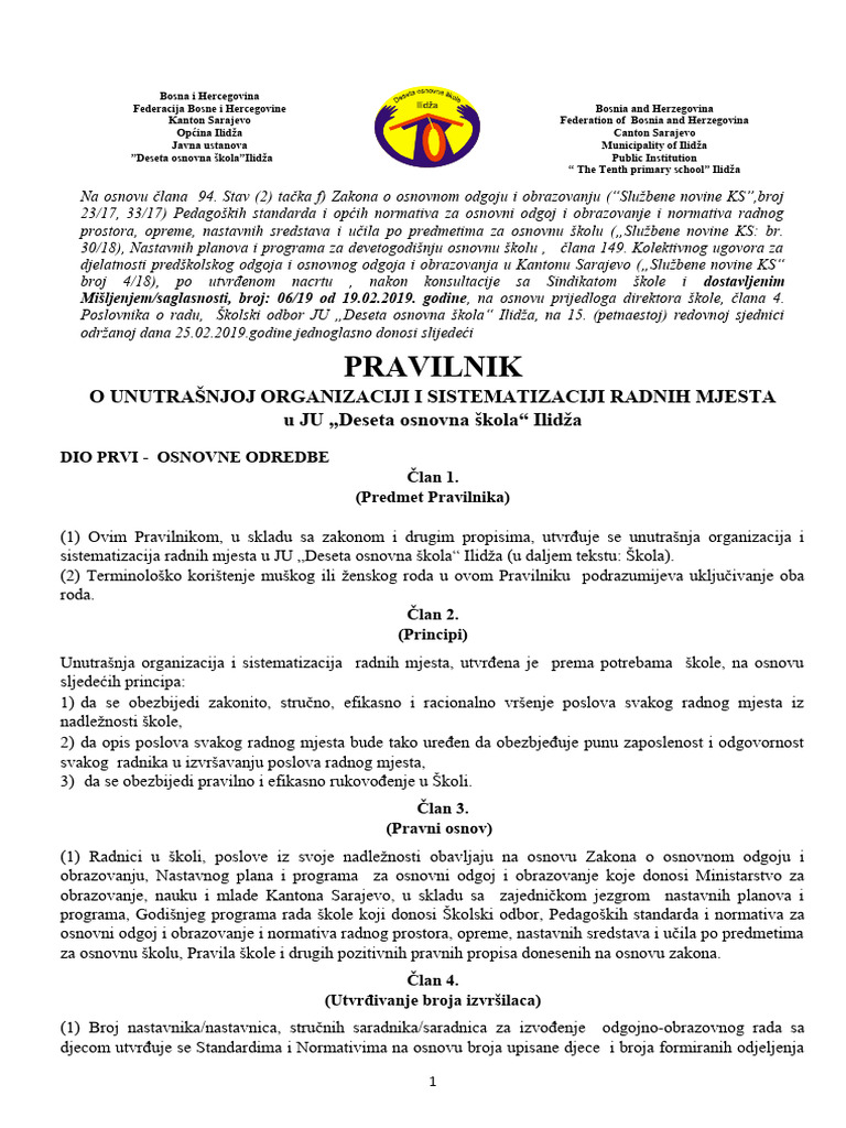 Pravilnik o Organizaciji I Sistematizaciji Radnih Mjesta FINALNI | PDF