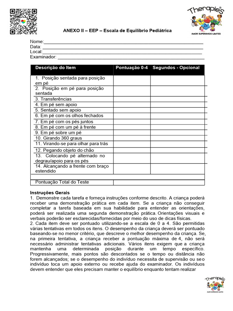 Escalas de Equilíbrio PEDIÁTRICA (EEP) | PDF