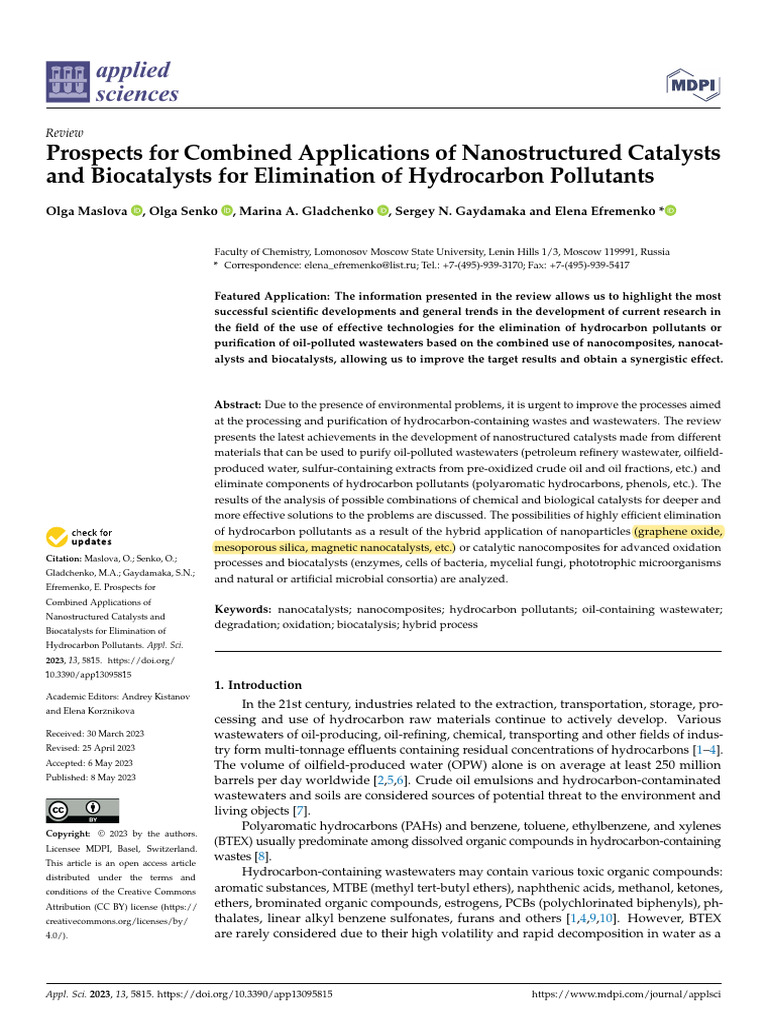 Prospects For Combined Applications of Nanostructured Catalysts | PDF