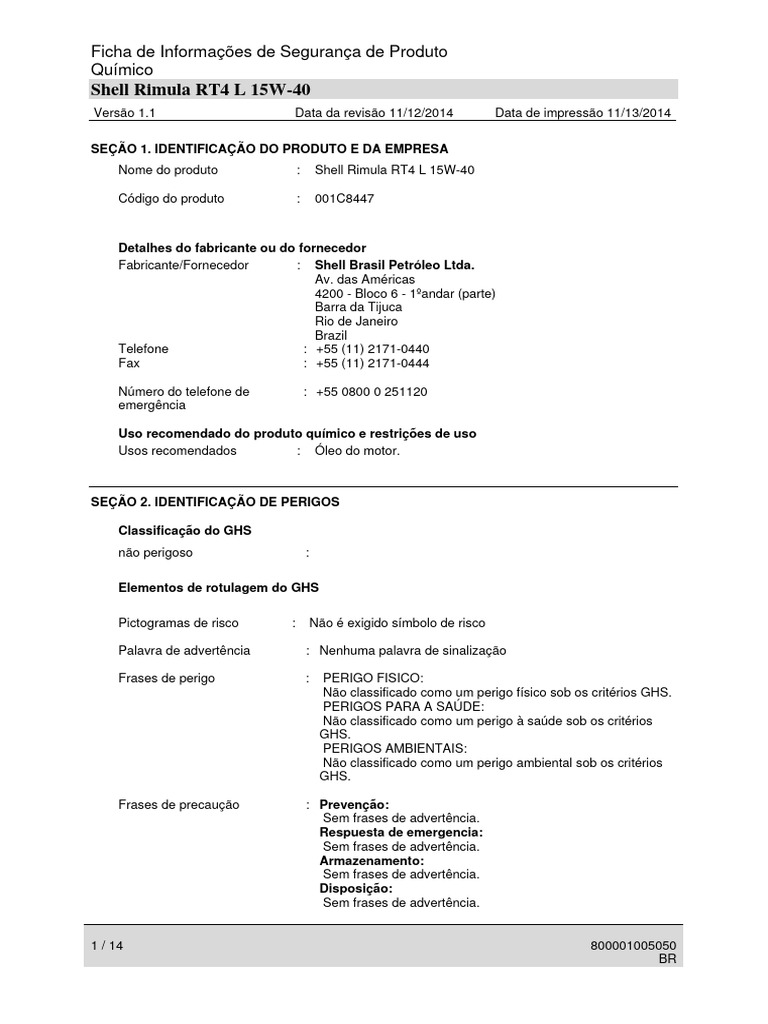 Ficha de Informações de Segurança de Produto Químico Shell Rimula RT4 L ...
