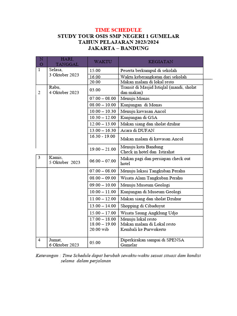 Jadwal Perjalanan Outing Class | PDF