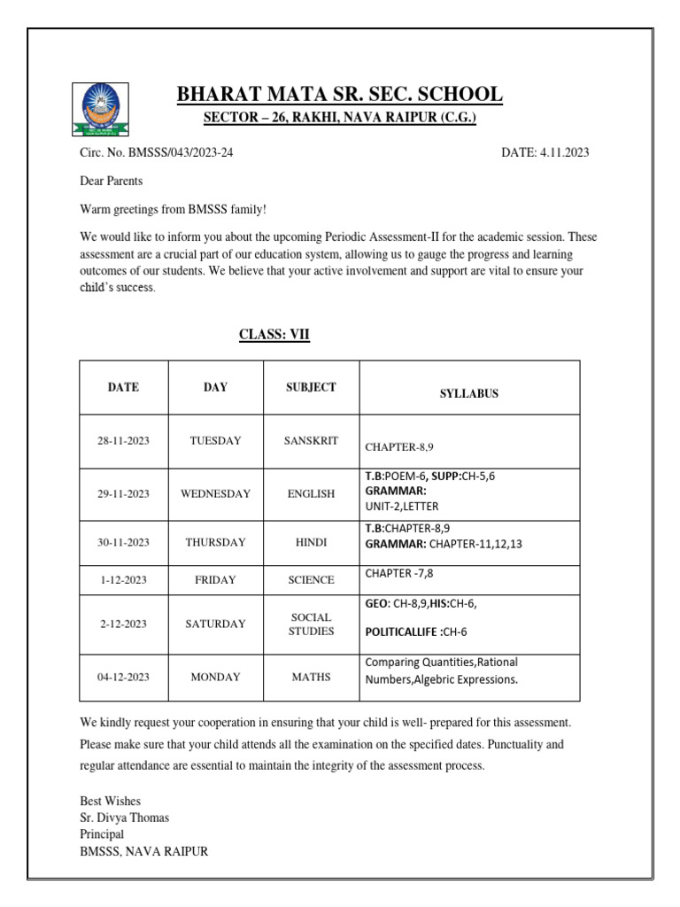 Class VII Exam Schedule | PDF
