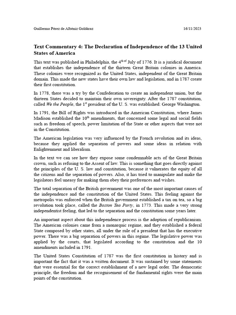 1.1. H of Law Commentary Declaration of Independence 1773 | PDF