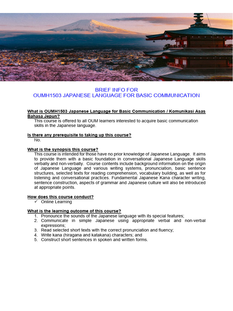 LAMPIRAN 3 - Brief Info For OUMH1503 Japanese Language For Basic Communication | PDF