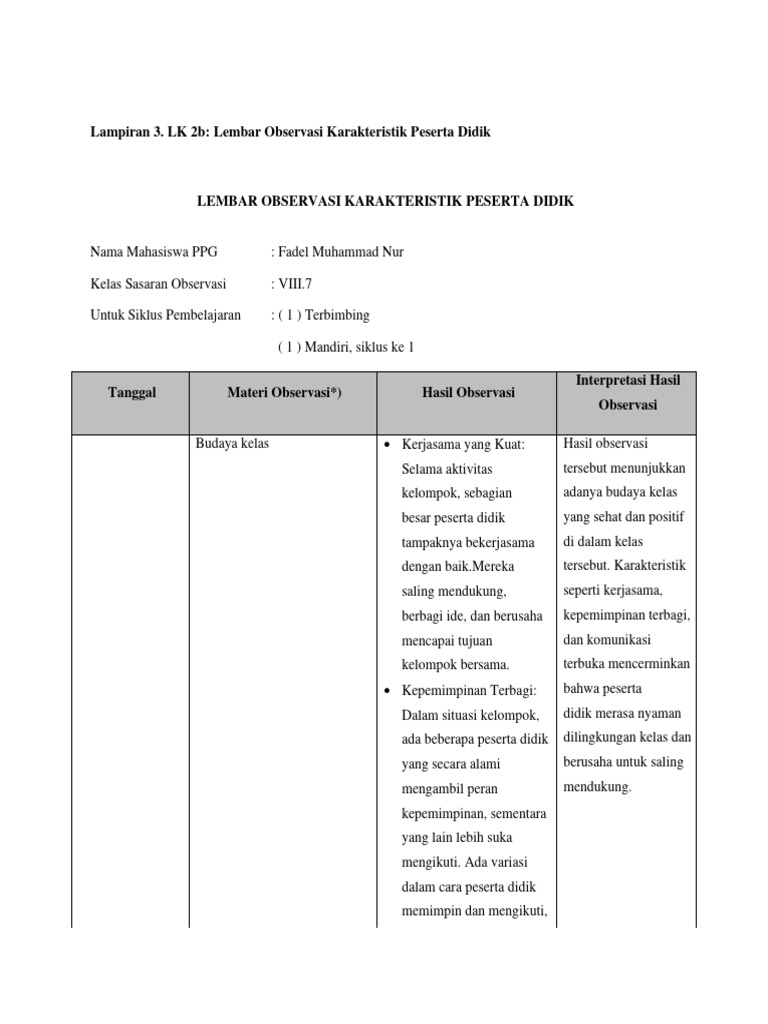 T4 - Lampiran 3. LK 2b Lembar Observasi Karakteristik Peserta Didik - Fadel Muhammad Nur | PDF