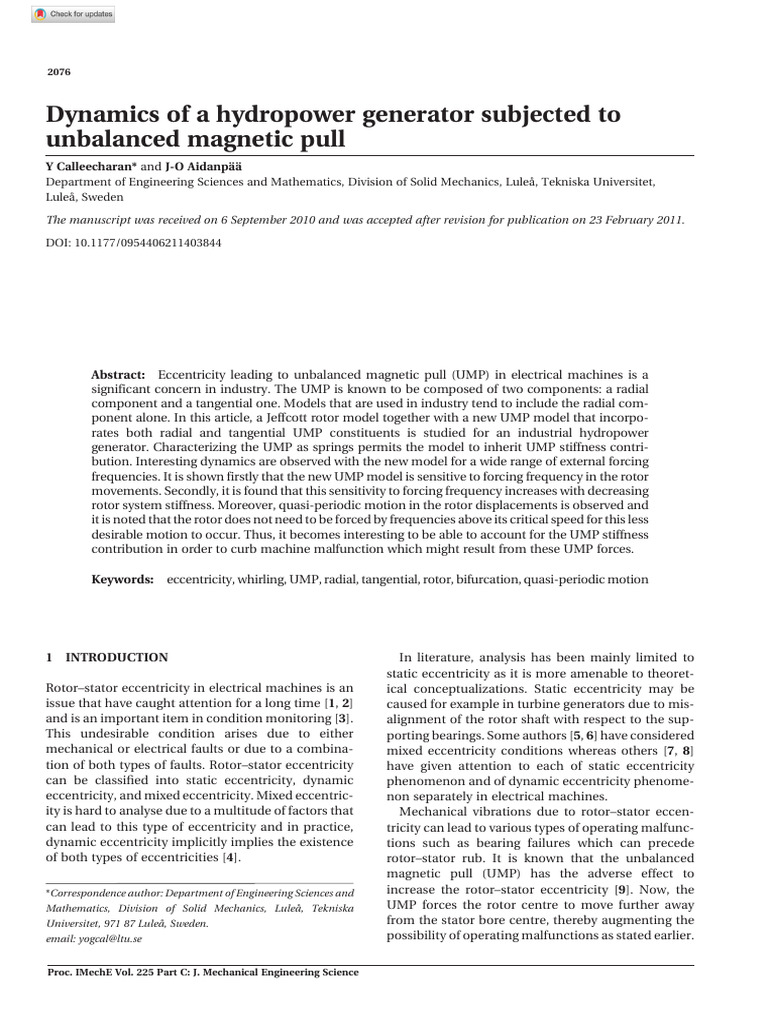 Dynamics of A Hydropower Generator Subjected To Unbalanced Magnetic Pull | PDF | Turbine | Velocity