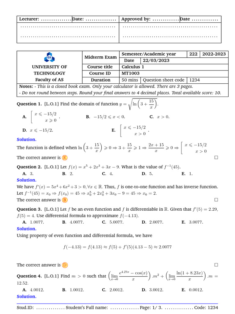 Soan Midterm Exam Cal1 | PDF | Tangent | Function (Mathematics)