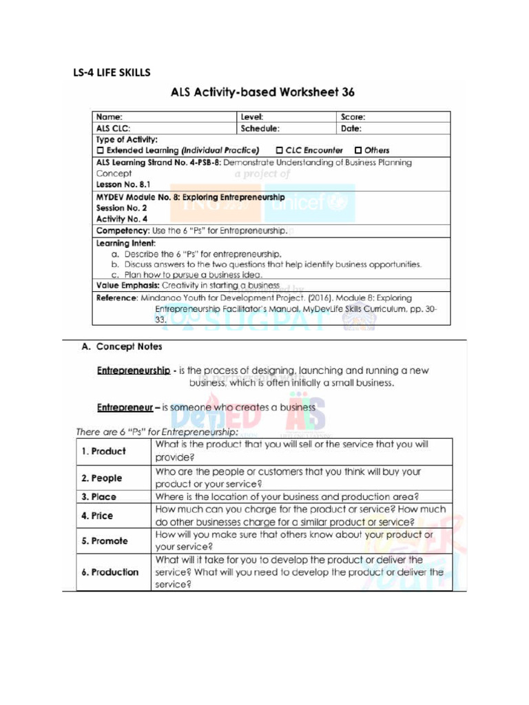 LS 4 Life Skills Worksheet | PDF