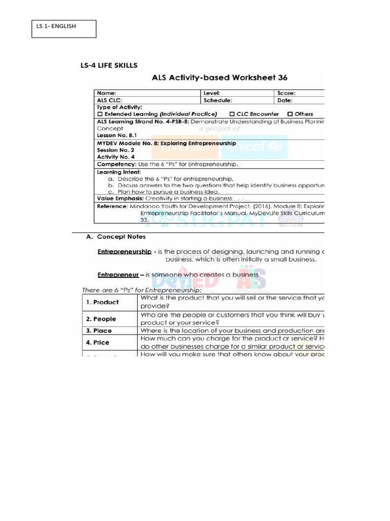 ALS ACTIVITY SHEETS LS 1, 3, 5 | PDF