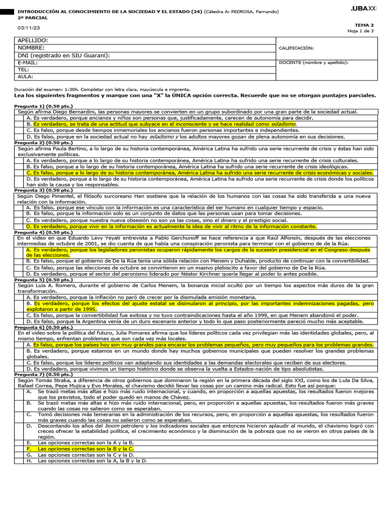ICSE - Segundo Parcial - TEMA 2 - CLAVES DE CORRECCIÓN | PDF | Gobierno | Argentina