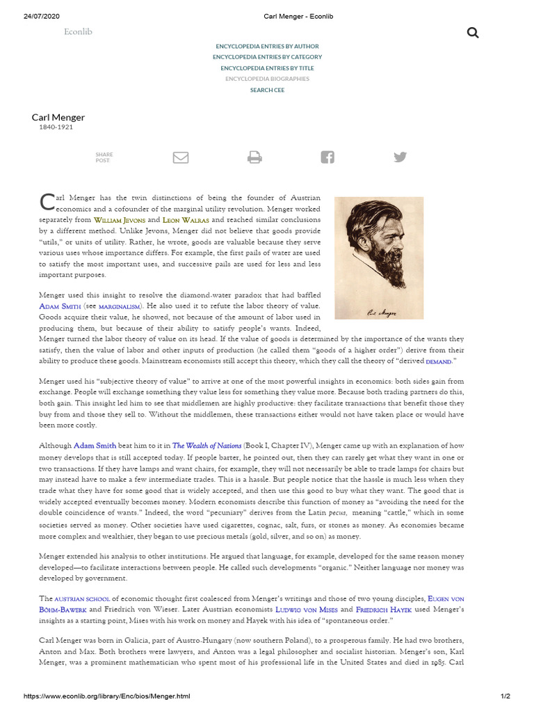Carl Menger - Econlib | PDF