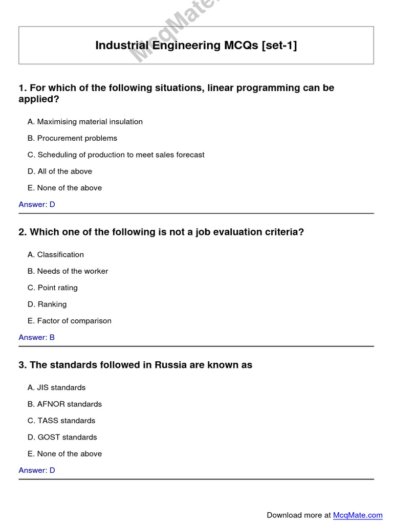 Industrial Engineering MCQs Set 1 | PDF | Computers