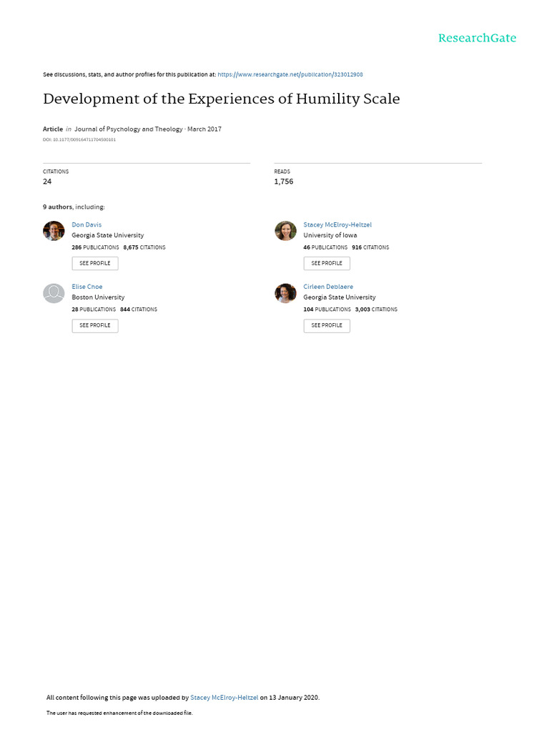 Davis 2017 DevelopmentoftheExperiencesofHumilityScale | PDF | Humility | Id