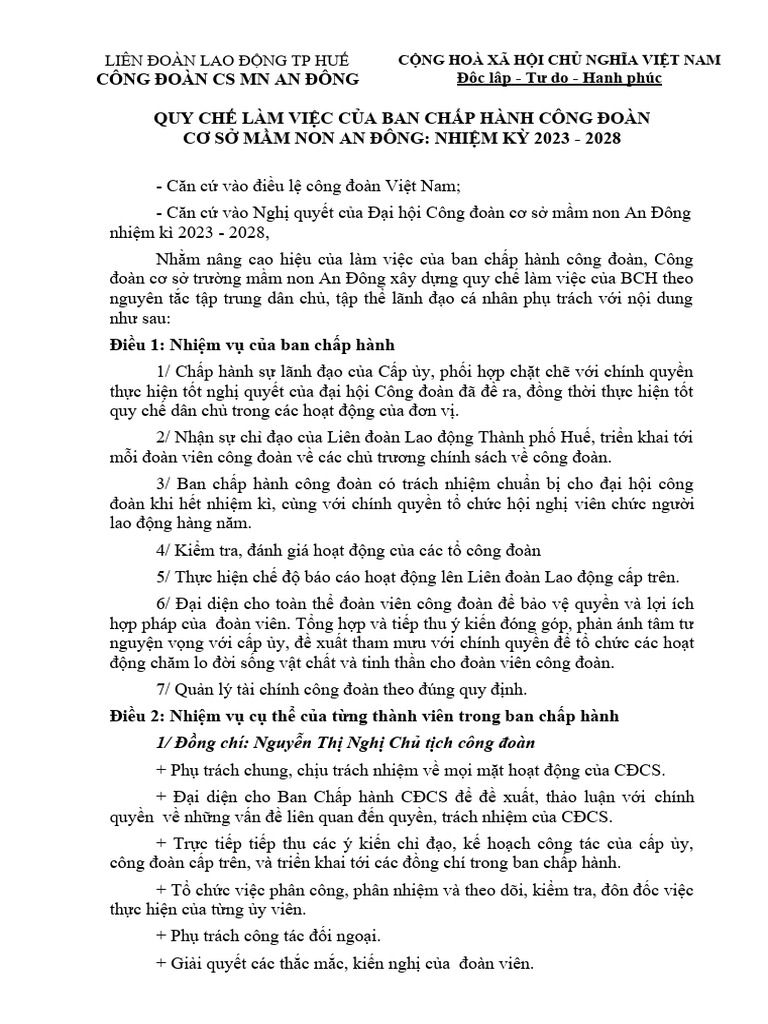 Quy Che HC-SN Lam Viec Cua BCH CĐCS 23-28 | PDF