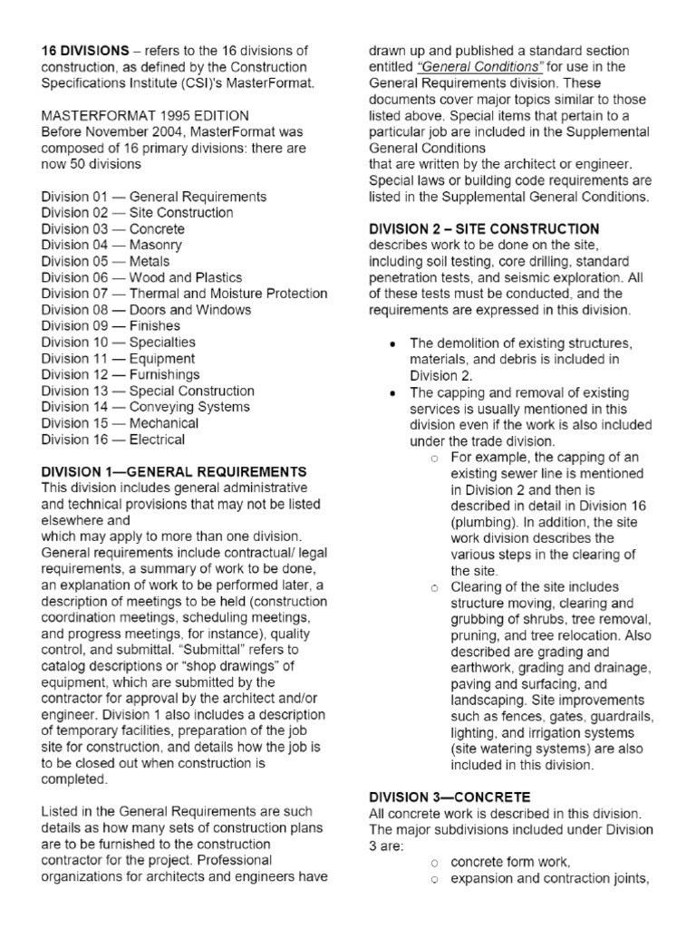 16 DIVISIONS Refers To The 16 Divisions of Construction | PDF
