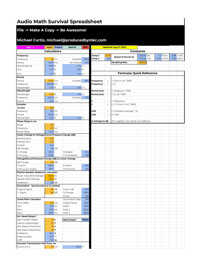 Audio Math Survival Spreadsheet - MKC - v1.2 | PDF | Electrical ... Audio Math Survival Spreadsheet - MKC - v1.2 | PDF | Electrical ...