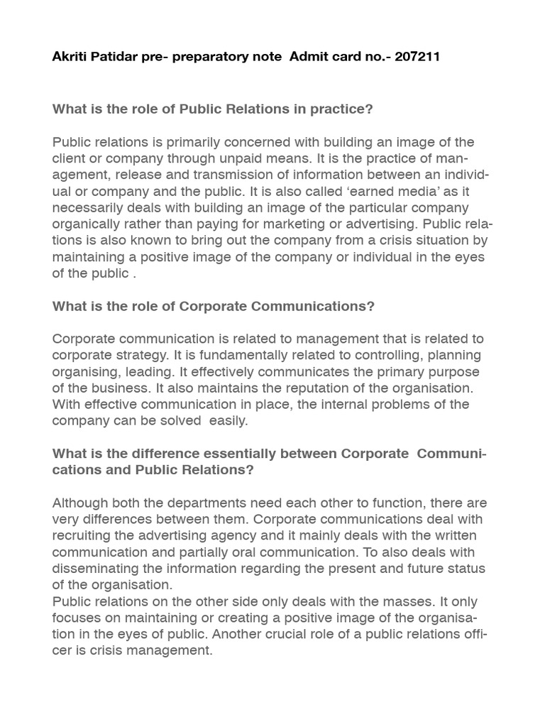 What Is The Role of Public Relations in Practice?: Akriti Patidar Pre ...