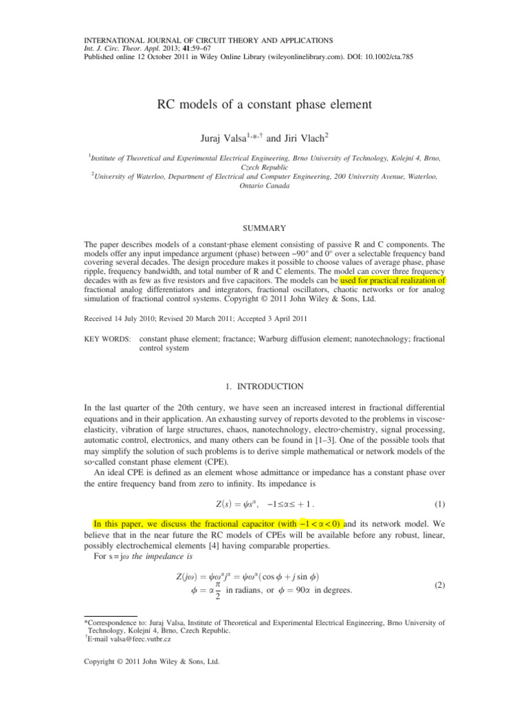 43_ValsaJ_VlachJ_IJCTA 2013_RC models of a constant phase element | PDF