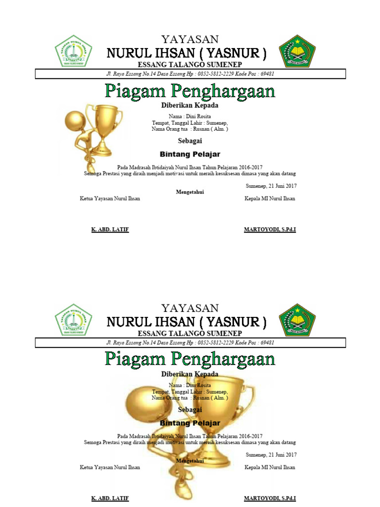 Piagam Penghargaan | PDF
