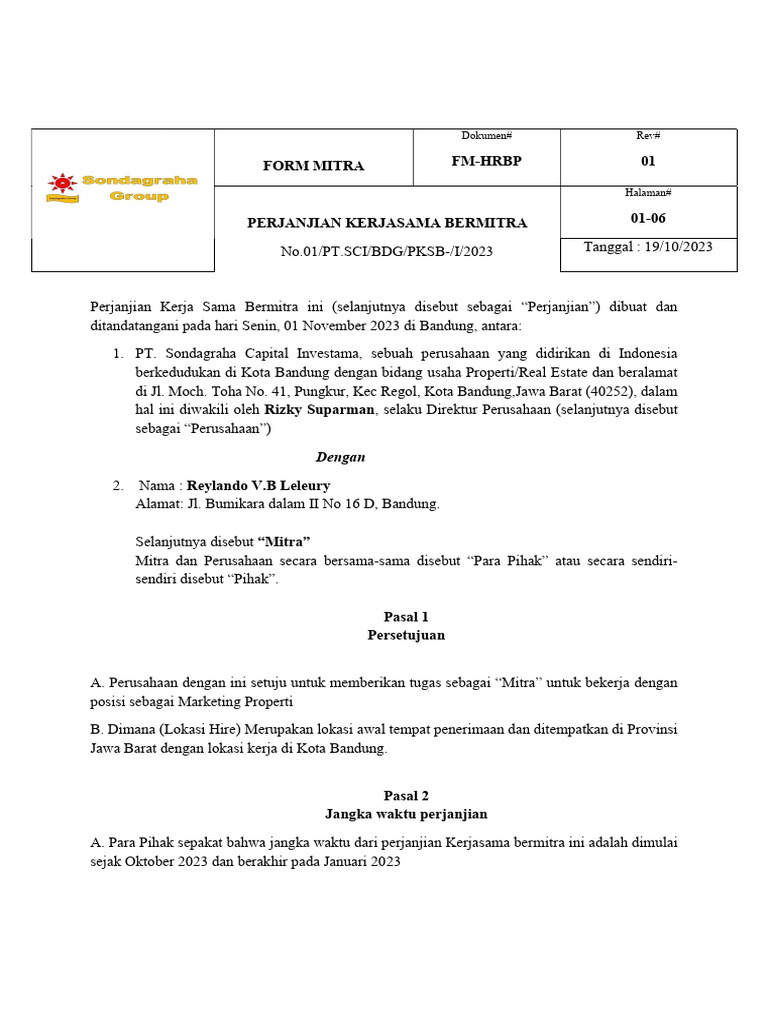 Perjanjian Kerja Sama Reylando dan PT SCI | PDF