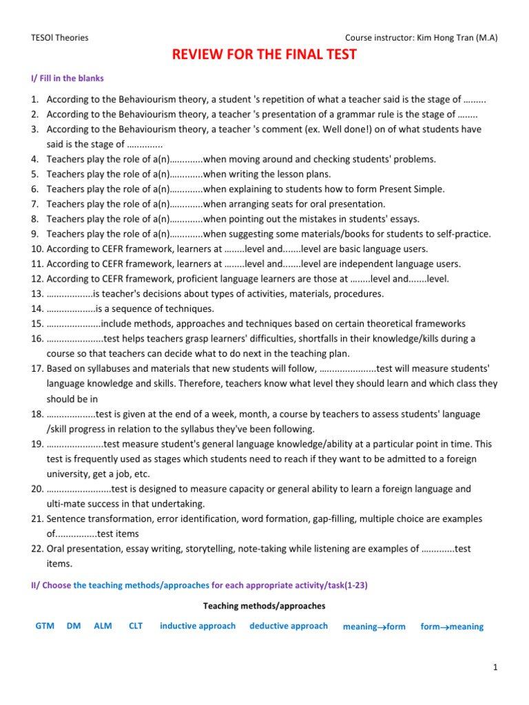 Review For Final Test | PDF | English As A Second Or Foreign Language ...