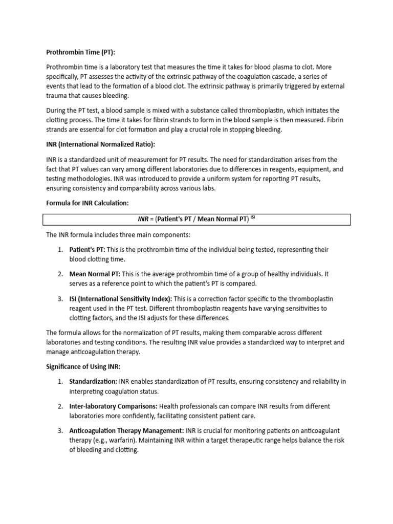 Prothrombin Time (PT) :: INR (Patient's PT / Mean Normal PT) | PDF ...