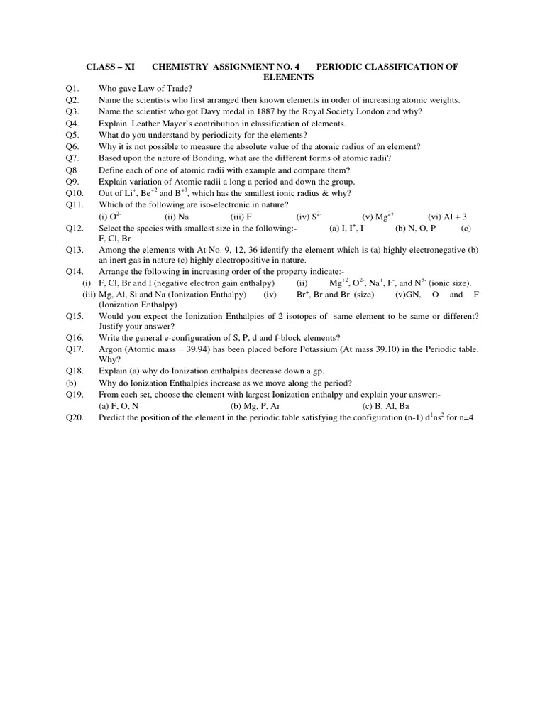 CBSE Class 11 Chemistry Worksheet Periodic Classifications | Download ...