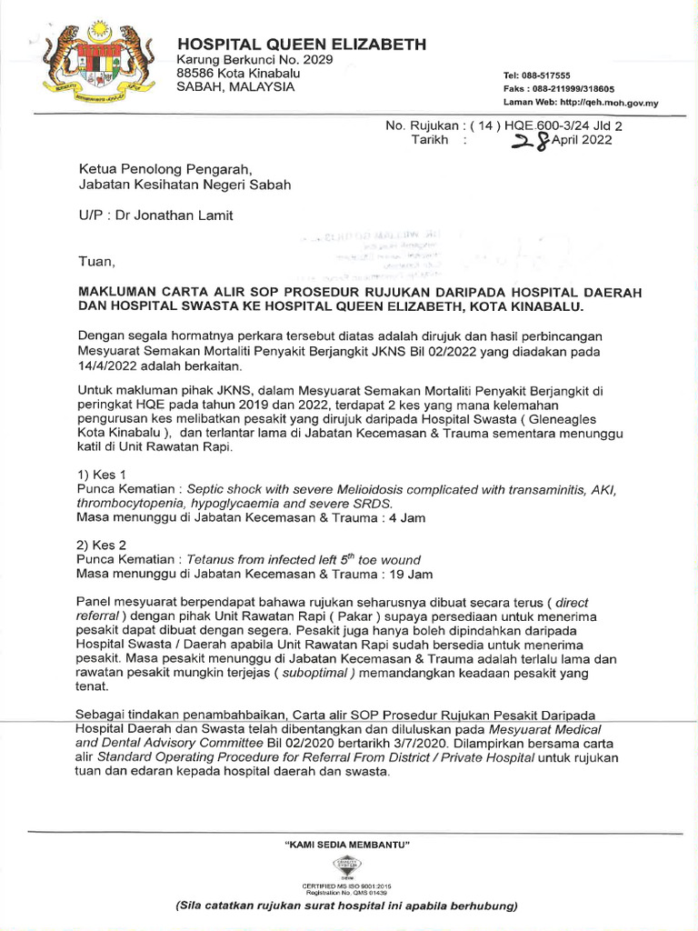 Makluman Carta Alir Sop Prosedur Rujukan Daripada Hospital Daerah Dan ...