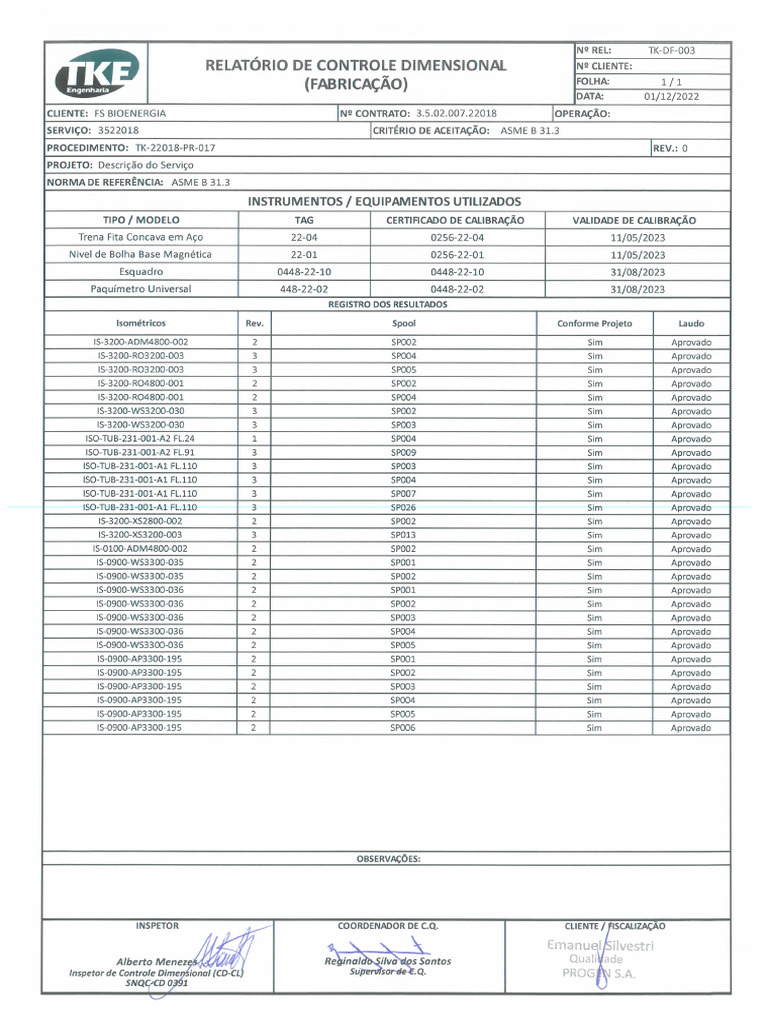 TK-DF-003 - Relatório de Controle Dimensional - Fabricação | PDF