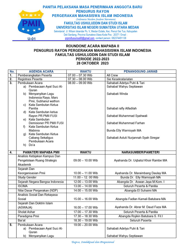 Rundown Acara Mapaba Pmii Fusi 2023 | PDF
