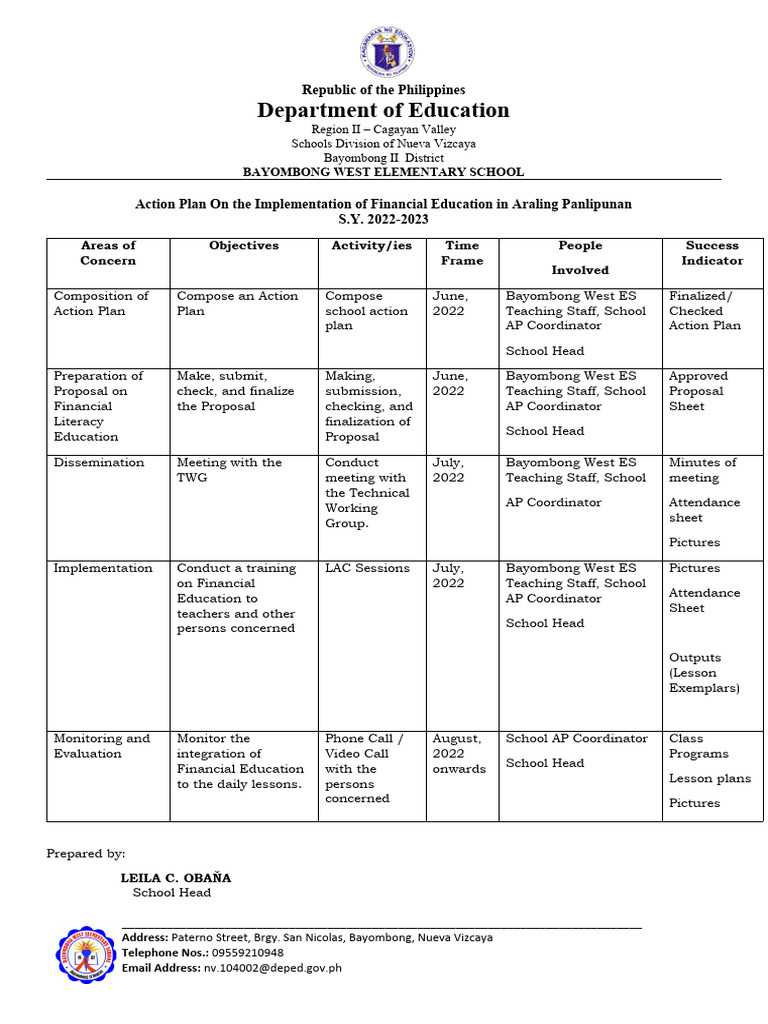 Sample Action Plan On Financial Ed | PDF
