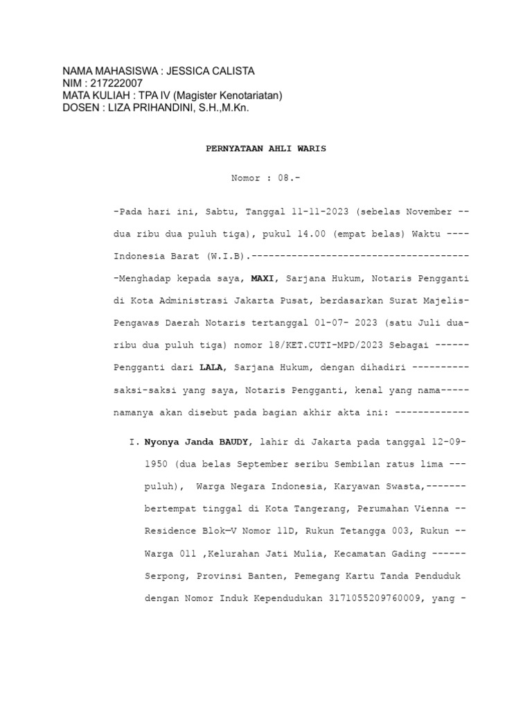 Pernyataan Waris - Jessica Calista | PDF