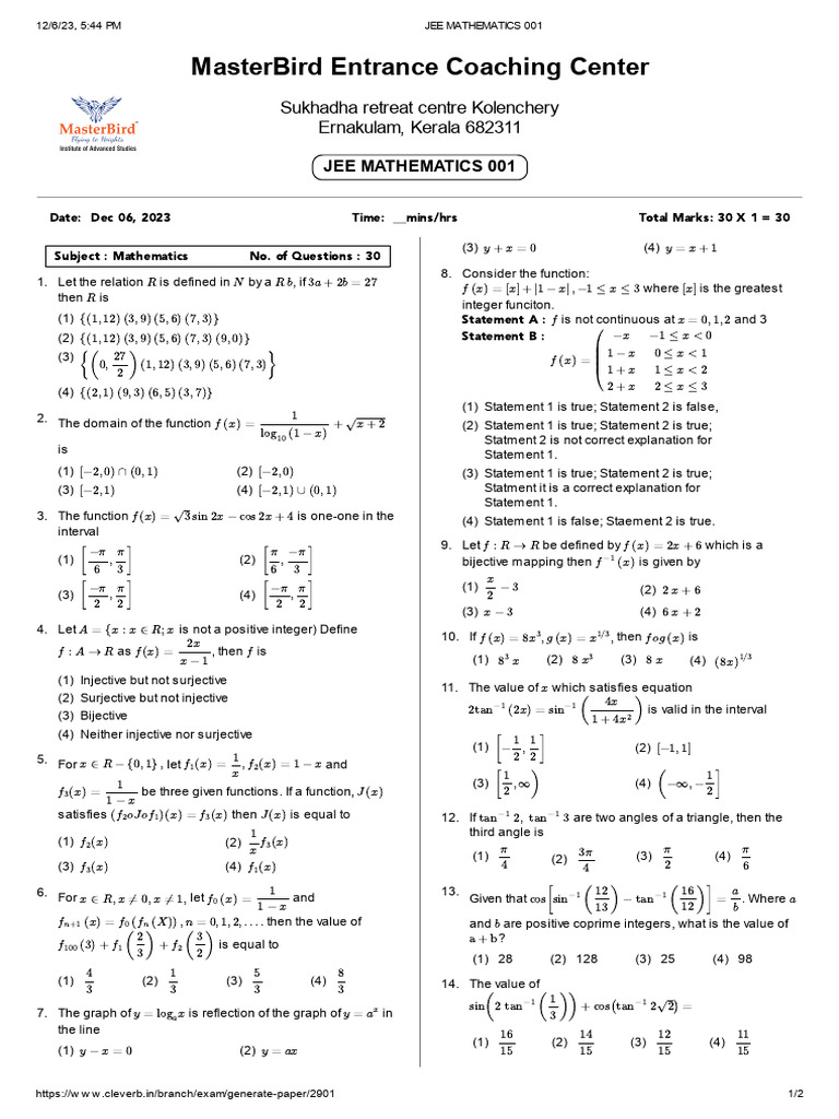 JEE MATHEMATICS Sets Relation and Function | PDF | Mathematics | Mathematical Concepts