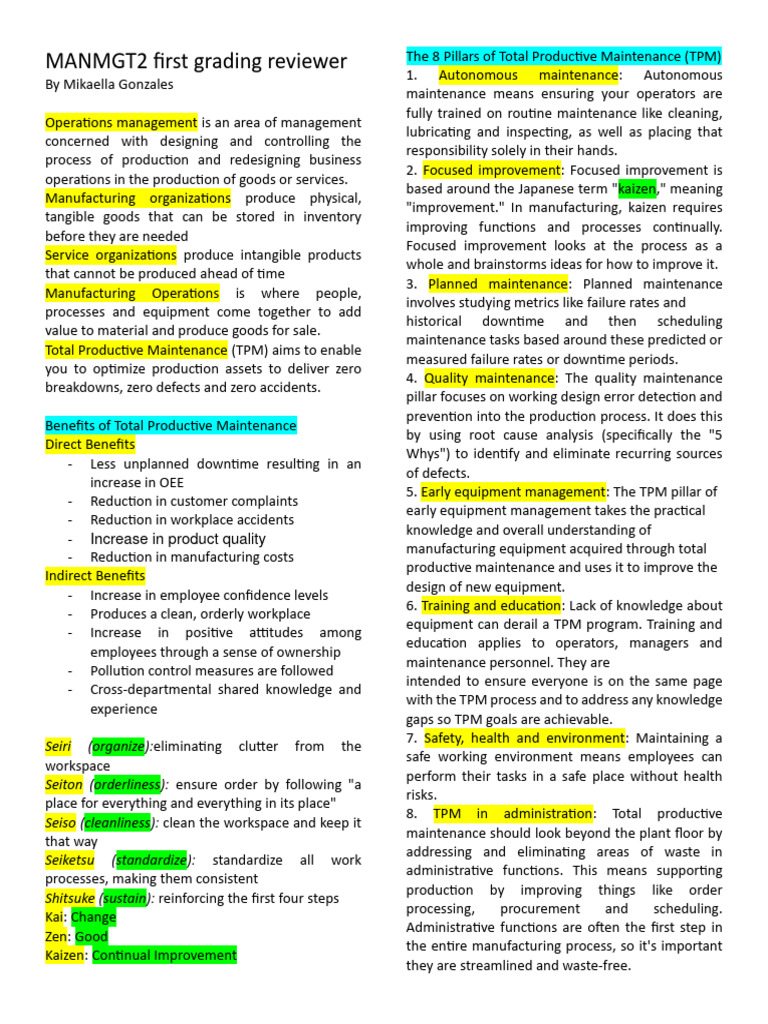 MANMGT2 First Grading Reviewer | PDF | Strategic Management | Lean ...