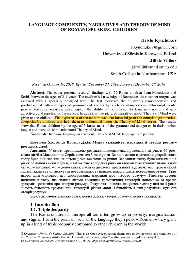Language Complexity, Narratives and Theory of Mind of Romani Speaking Children | PDF