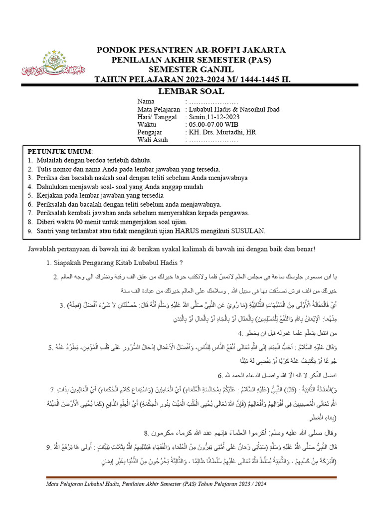 Soal PAS Lubabul Hadis & Nasoihul Ibad | PDF