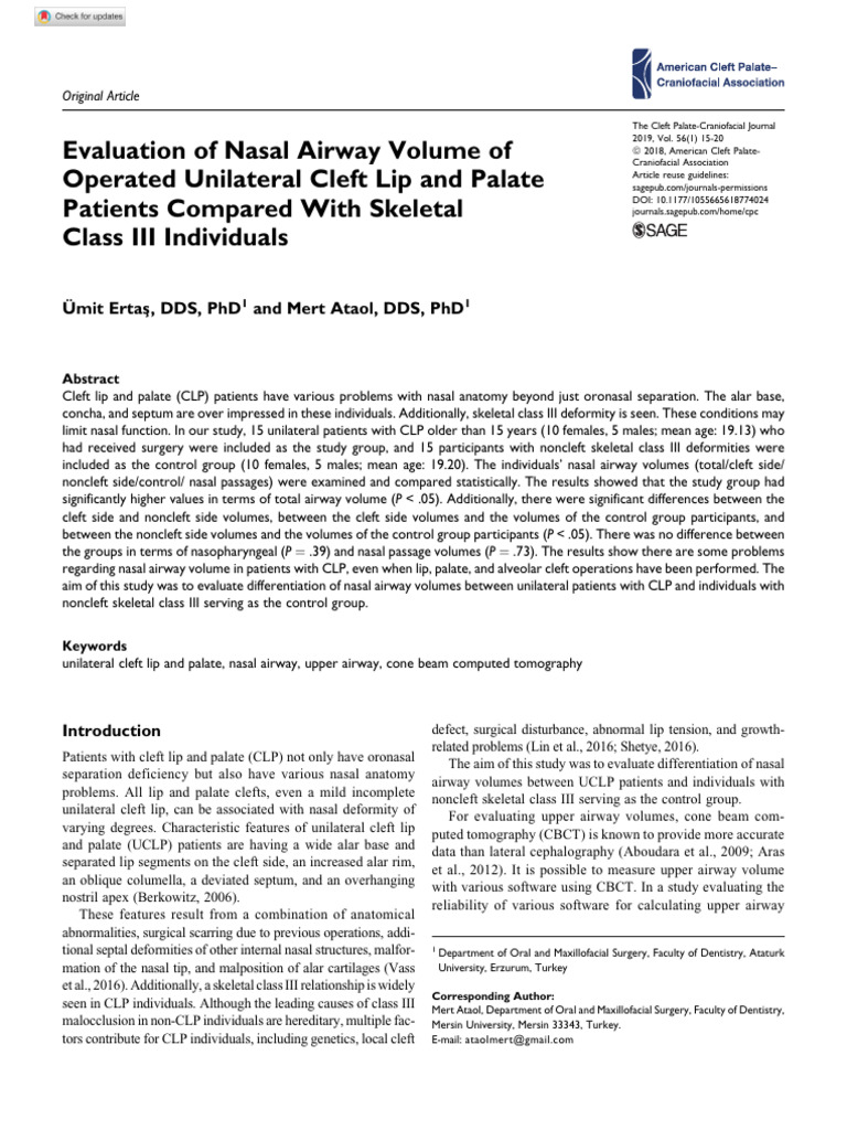 2019 Evaluation of Nasal Airway Volume of Operated Unilateral Cleft Lip and Palate Patients ...