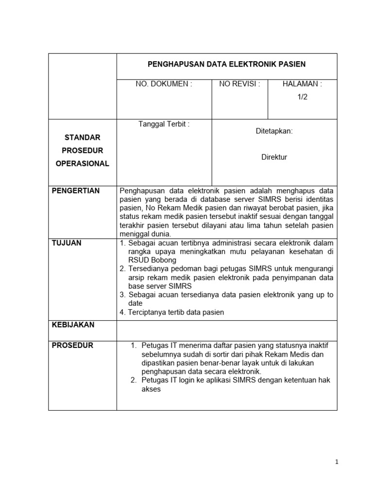 Sop Penghapusan Data Elektronik Pasien | PDF