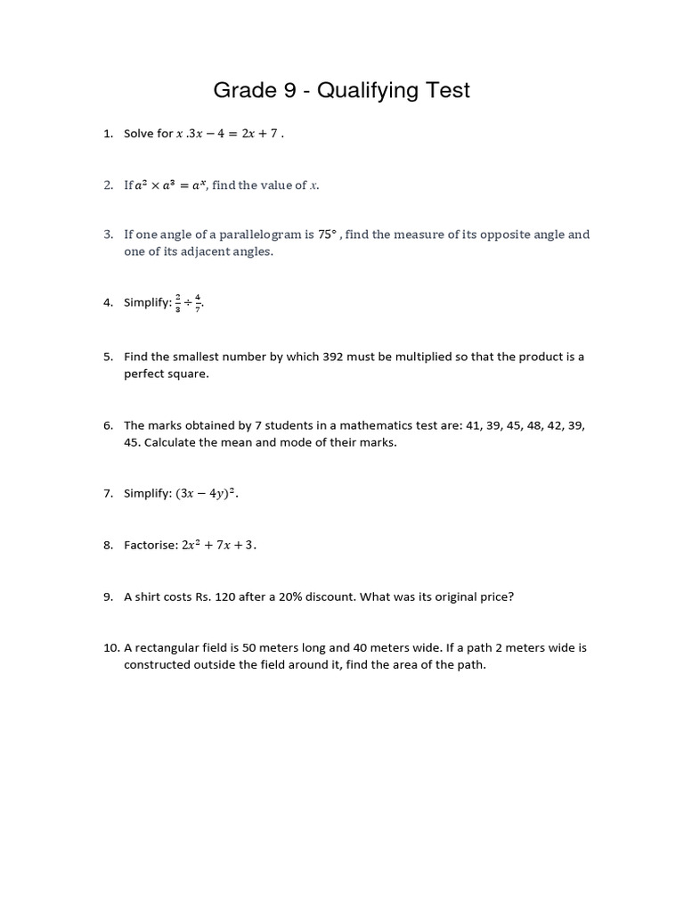 Grade 9 Maths Qualifying Test Questions | PDF