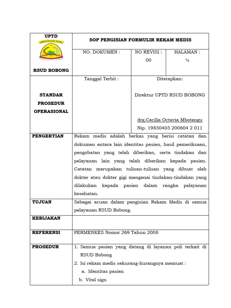 SOP Pengisian Rekam Medis RSUD Bobong | PDF