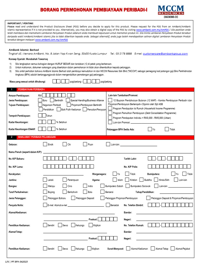 Bpa Set Lengkap Borang Permohonan Pembiayaan Peribadi-I 0423 | PDF