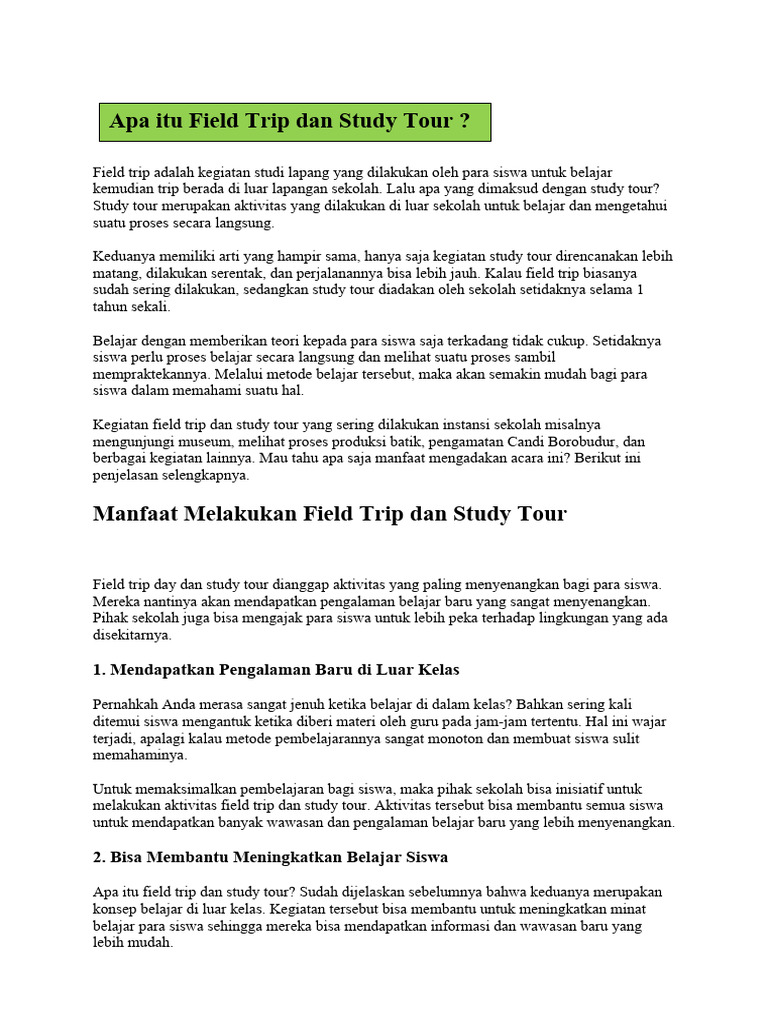 Perbedaan Field Trip dan Study Tour | PDF