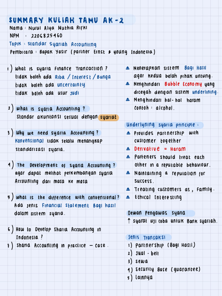 Nurul Alya Muthia Rifki - 2206825460 - Summary Kuliah Tamu AK2 - Syaria Accounting | PDF