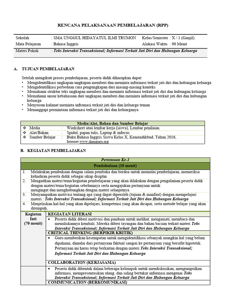 RPP 1 Lembar X, Xi, Xii OK SEMUA | PDF