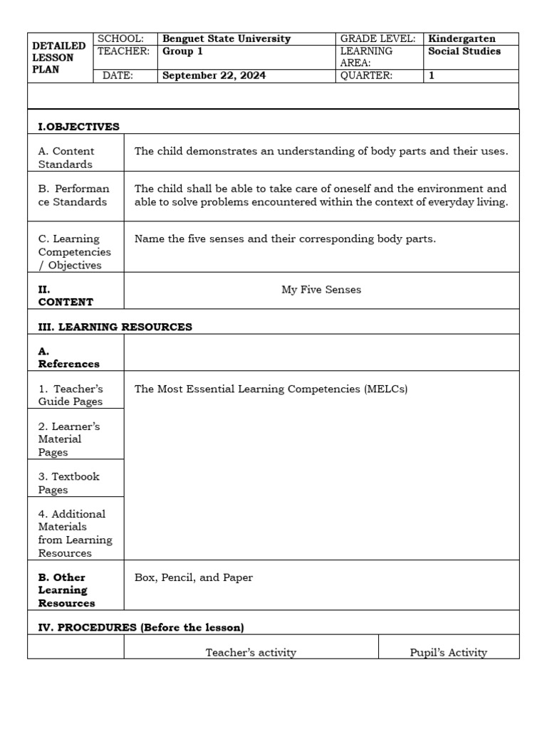 Lesson Plan Senses | PDF